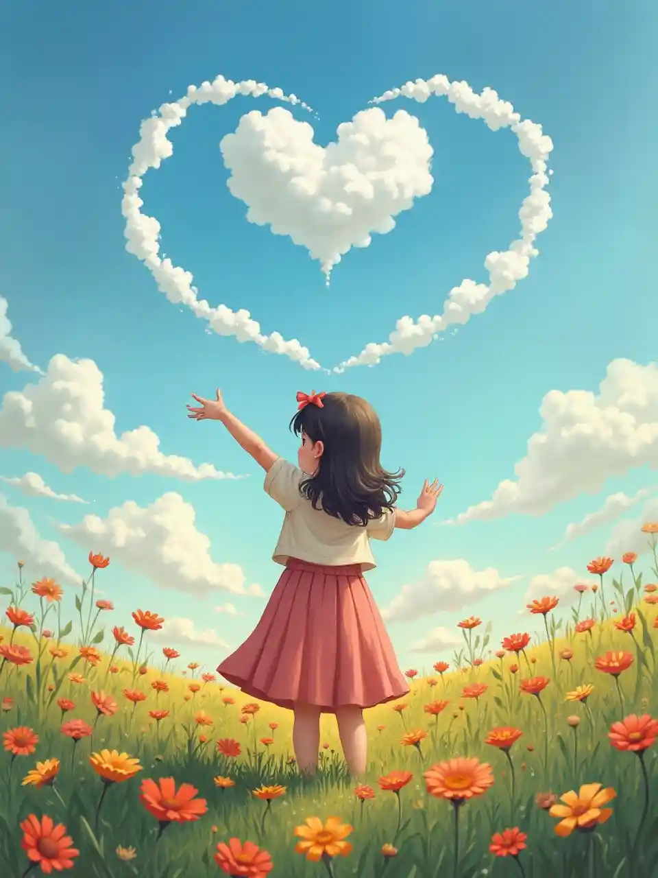 Girl Drawing Heart in Sky with Clouds