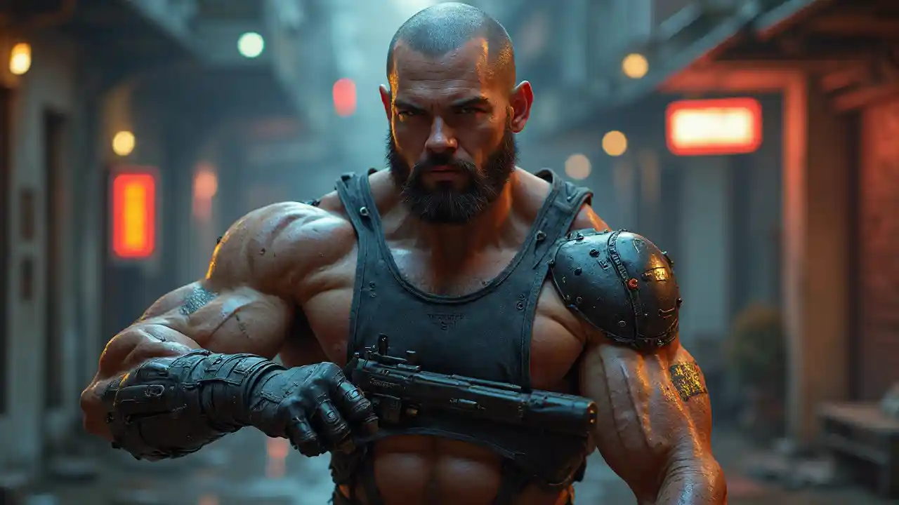 Cyberpunk Muscle Man with Hand Implants