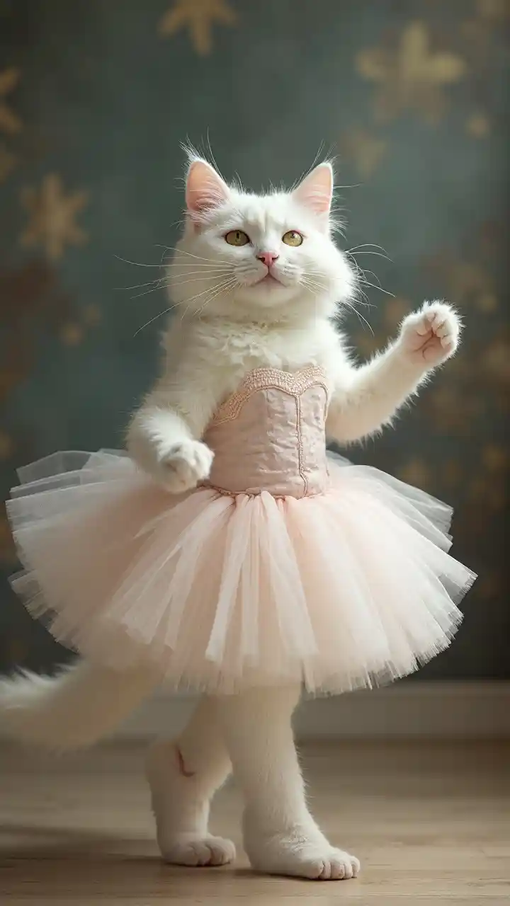 Giant White Cat Dancing Ballet in Tutu