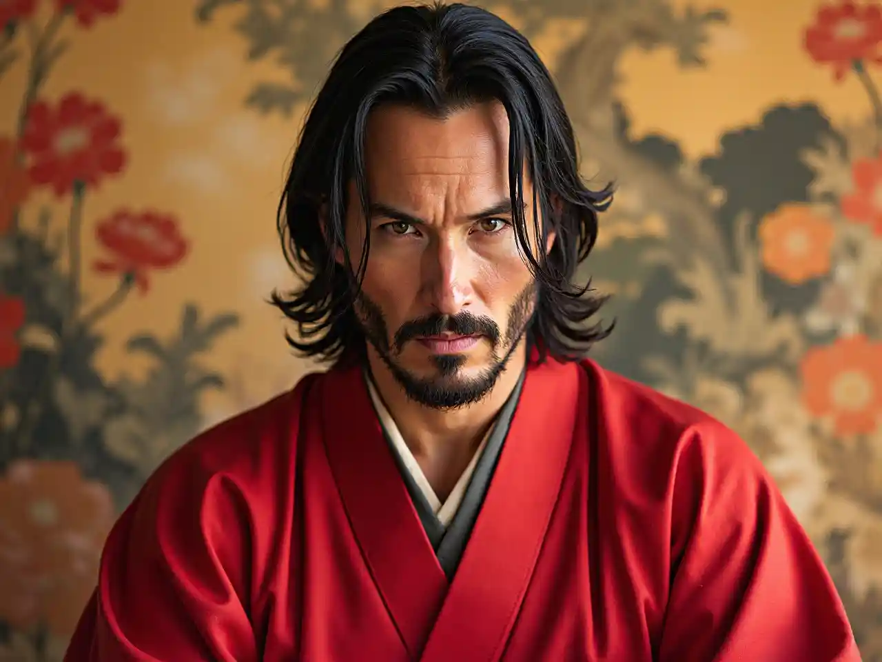 Keanu Reeves as a Samurai in Red Kimono