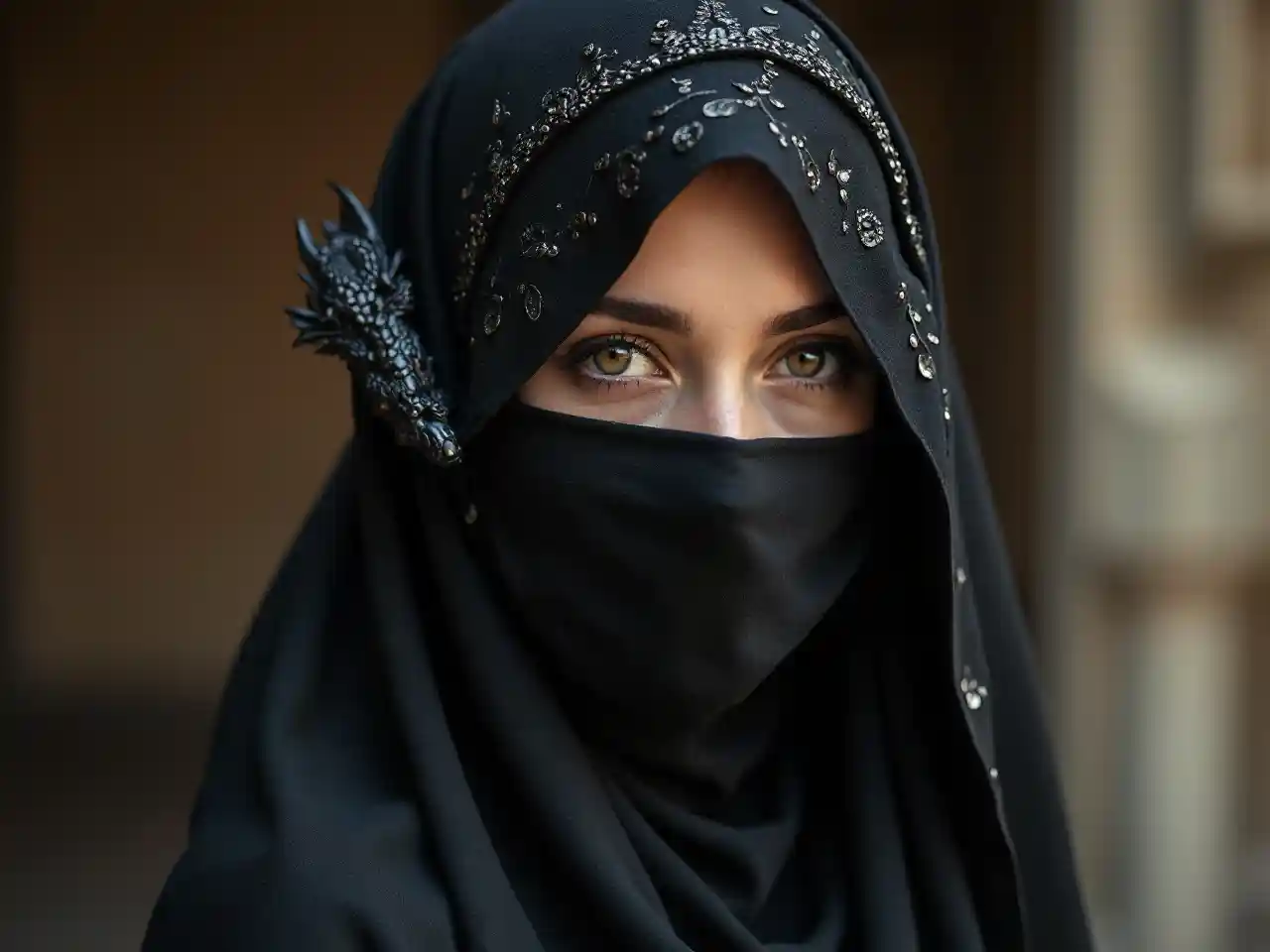 Hyper-Realistic Portrait of a Woman in Black Niqab with Dragon