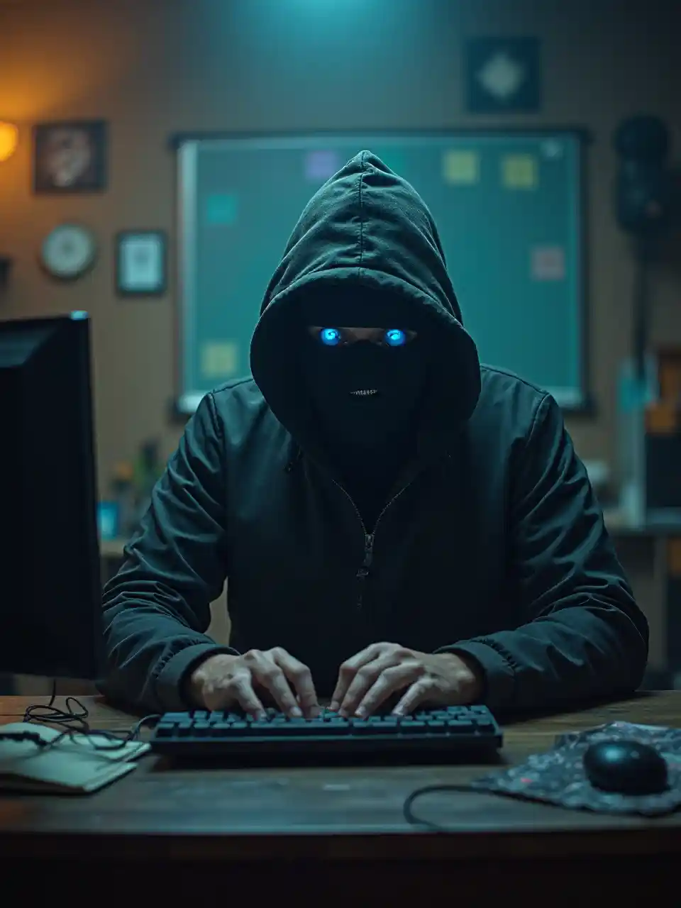 Hooded Hacker with Broken Mask Using Computer