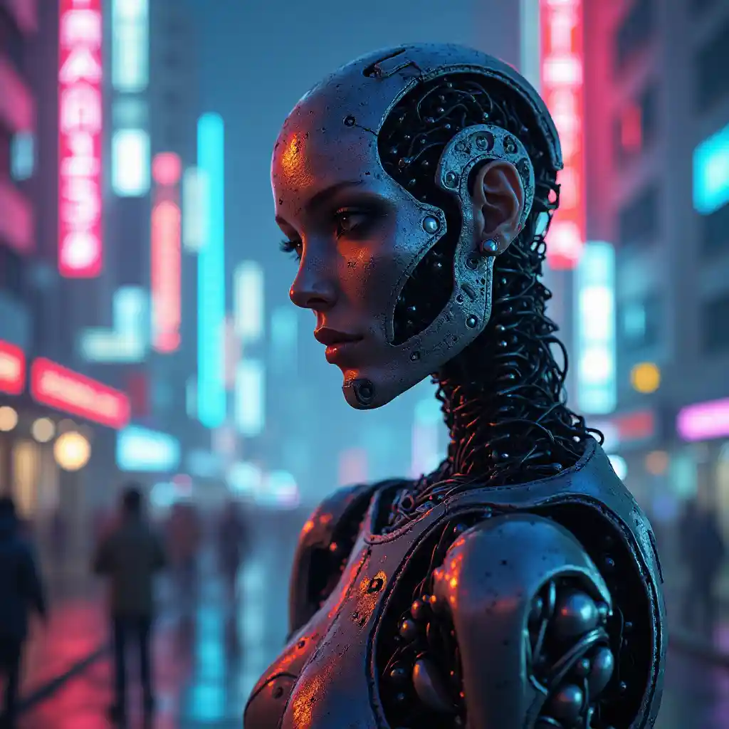 Neon CityScape with Humanoid Robot Portrait