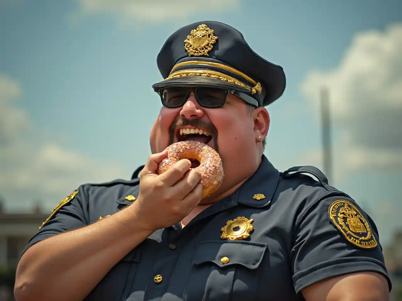 Fat Cop Eating Donut with Sunglasses