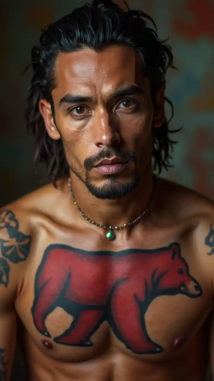 Indigenous Gang Member Portrait with Red Bear Tattoo