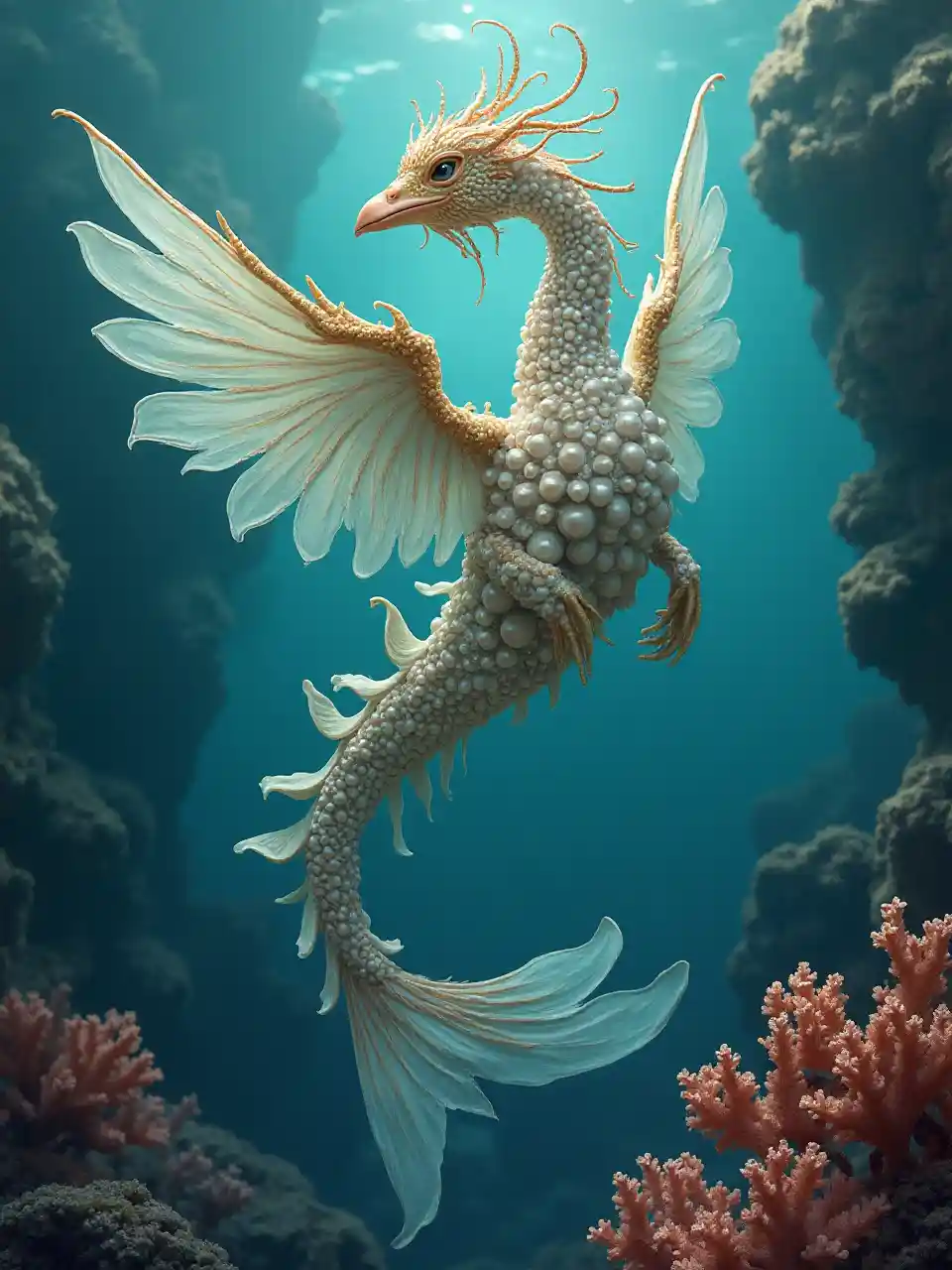 Sea Phoenix Pearl Coral Bow Fantasy Creature