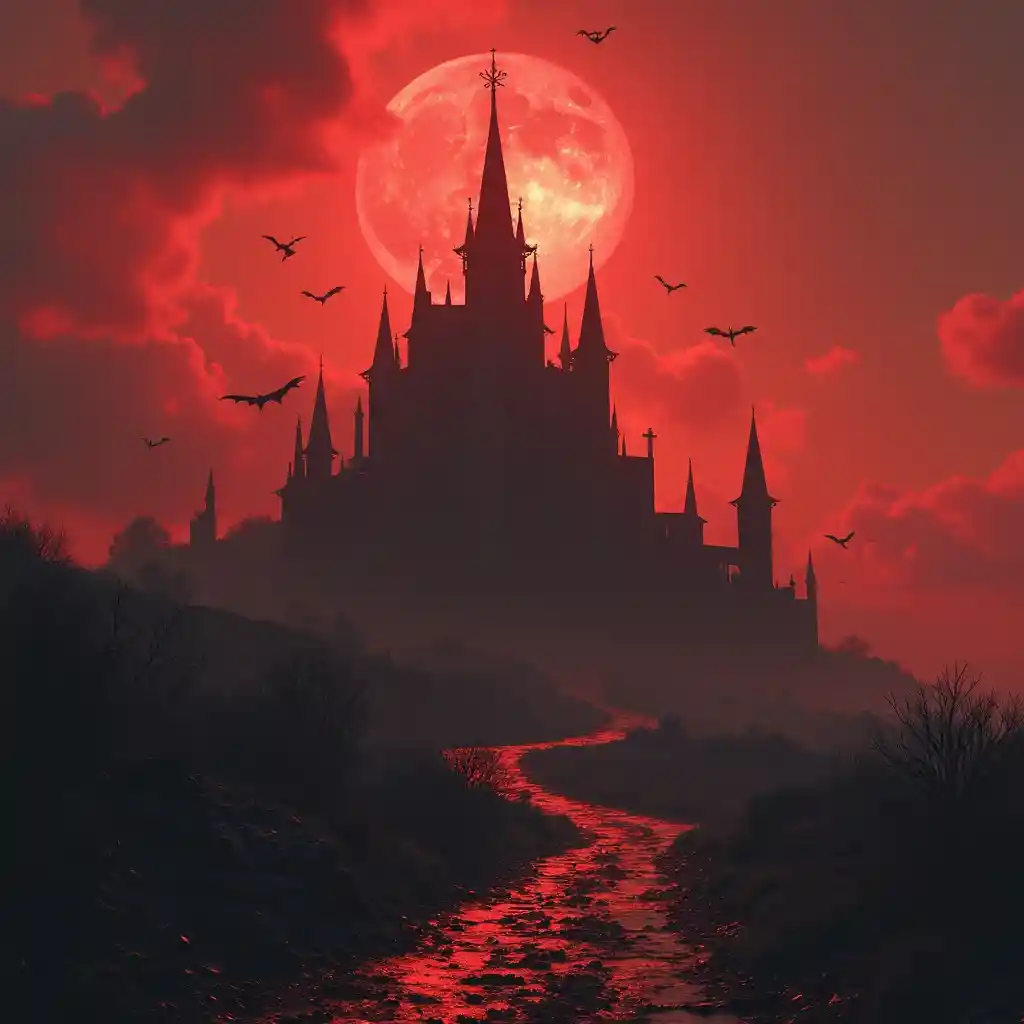 Gothic Cathedral on Hill with Red Sky