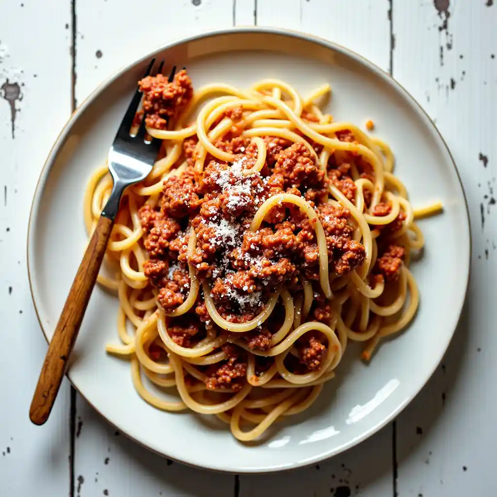 Overhead View of Spaghetti Bolognese with Parmesan