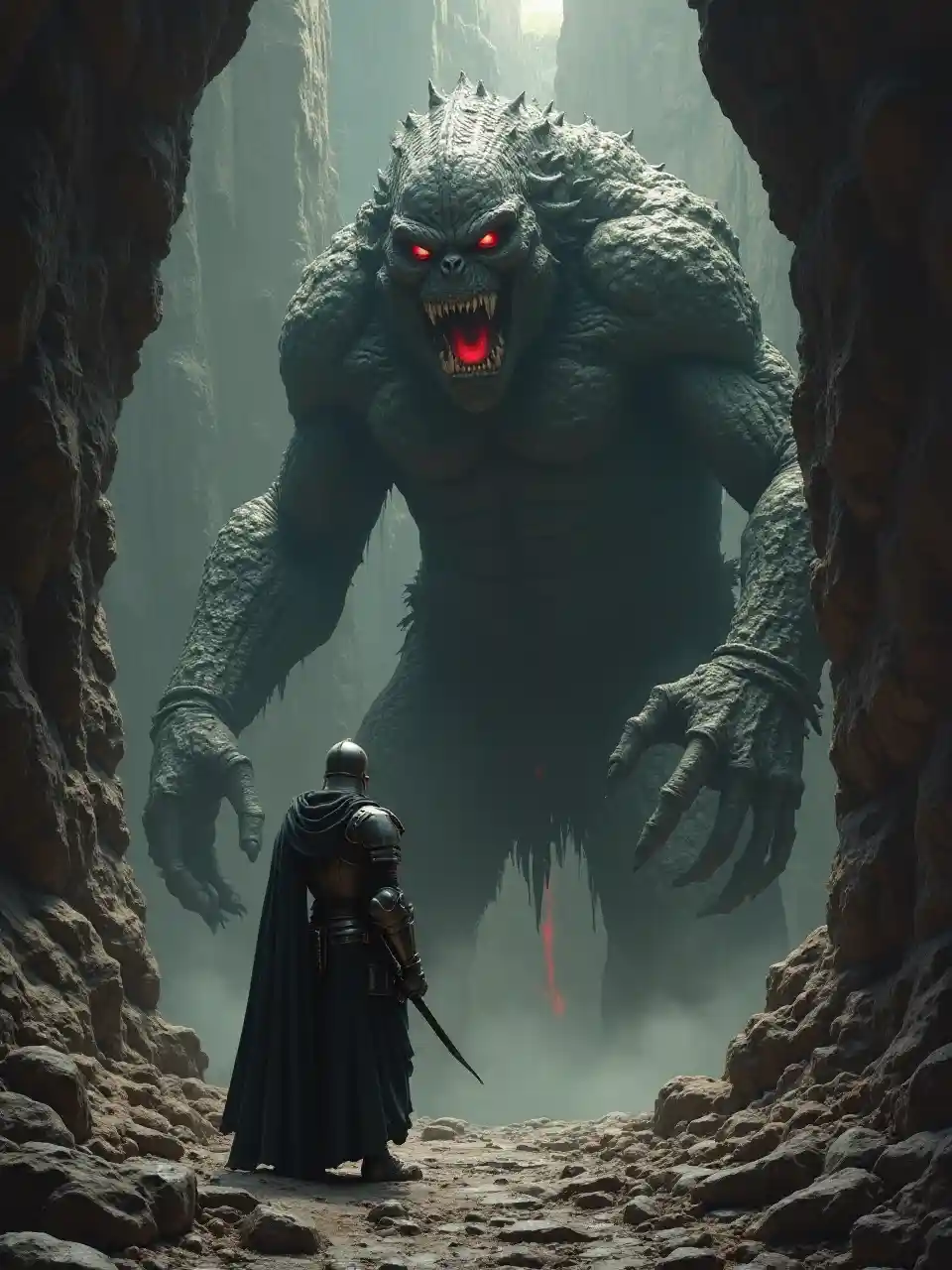 Knight vs Giant Monster in Dungeon - Frank Frazetta Style