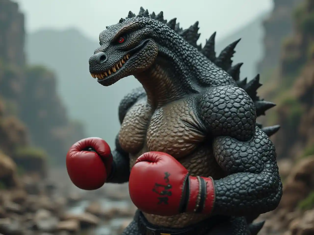 Godzilla with Abs Sweating in Boxing Gloves