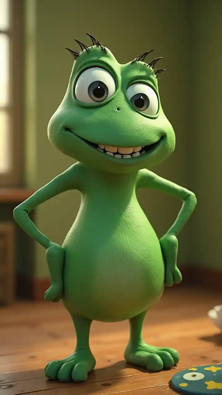 Green Letter C with Eyes and Limbs in Pixar Style