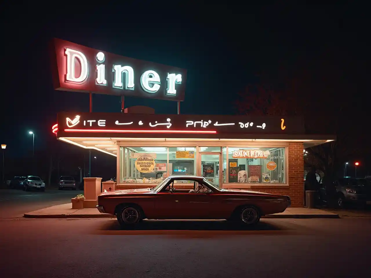 1970s American Diner with Classic Car Parking