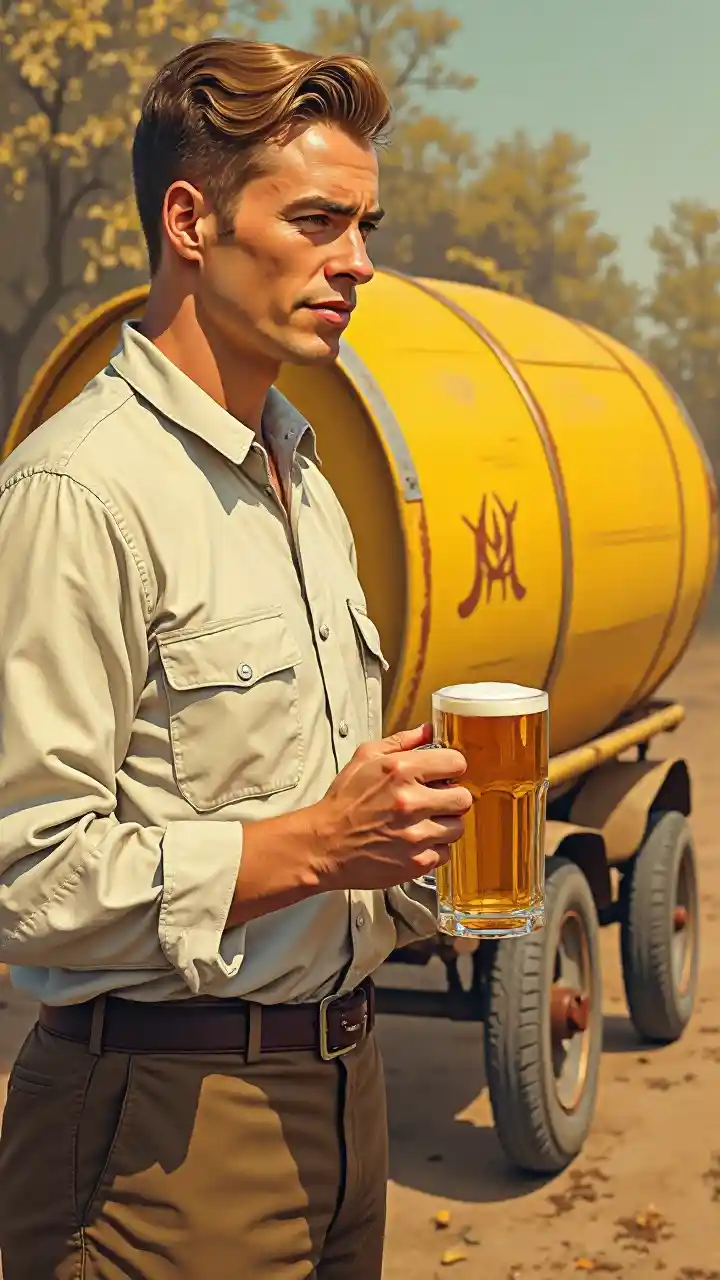 Soviet Worker with Kvass Mug and Barrel