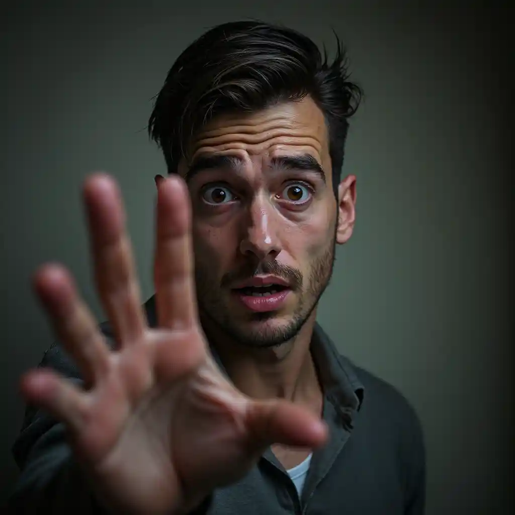 A Terrified Man Staring at His Hand in Horror