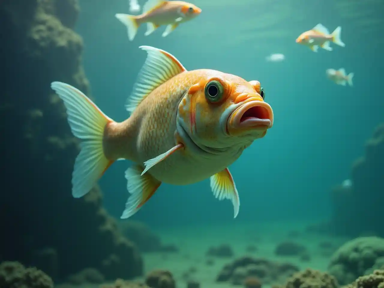 A Poodle Swimming Among Fish Underwater