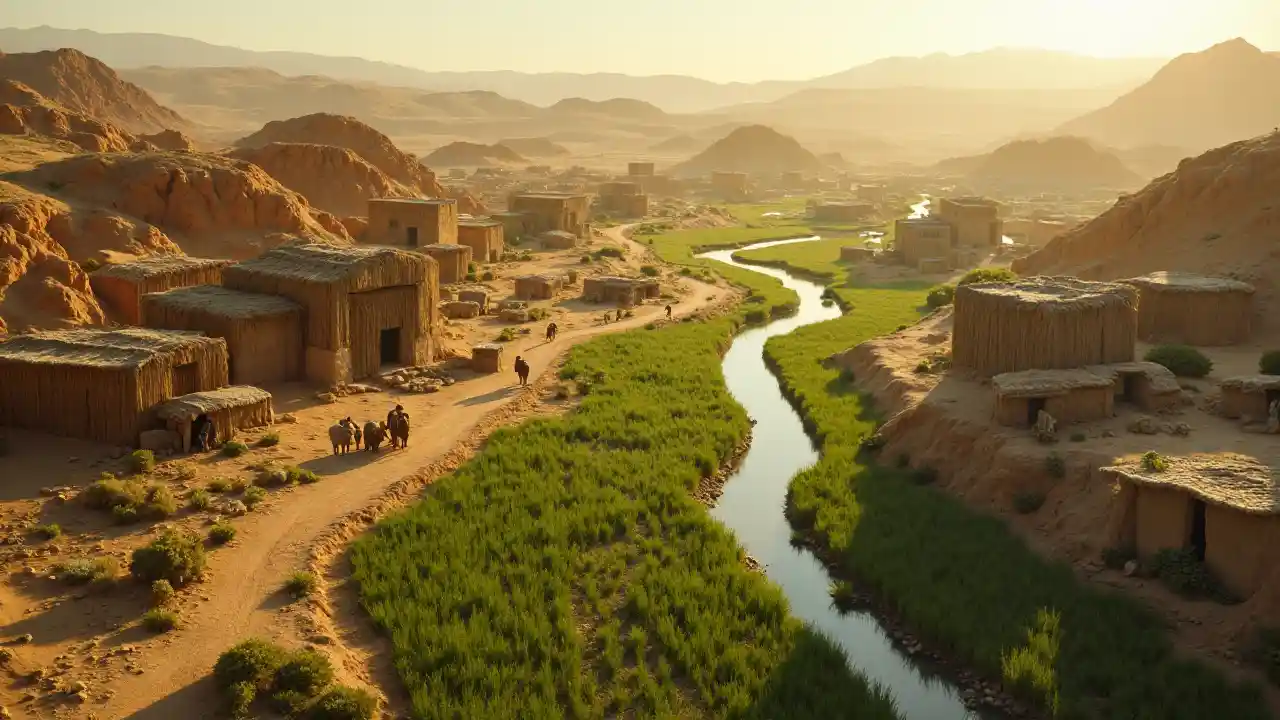 Aerial View of a Vibrant Desert Settlement with Green Crops