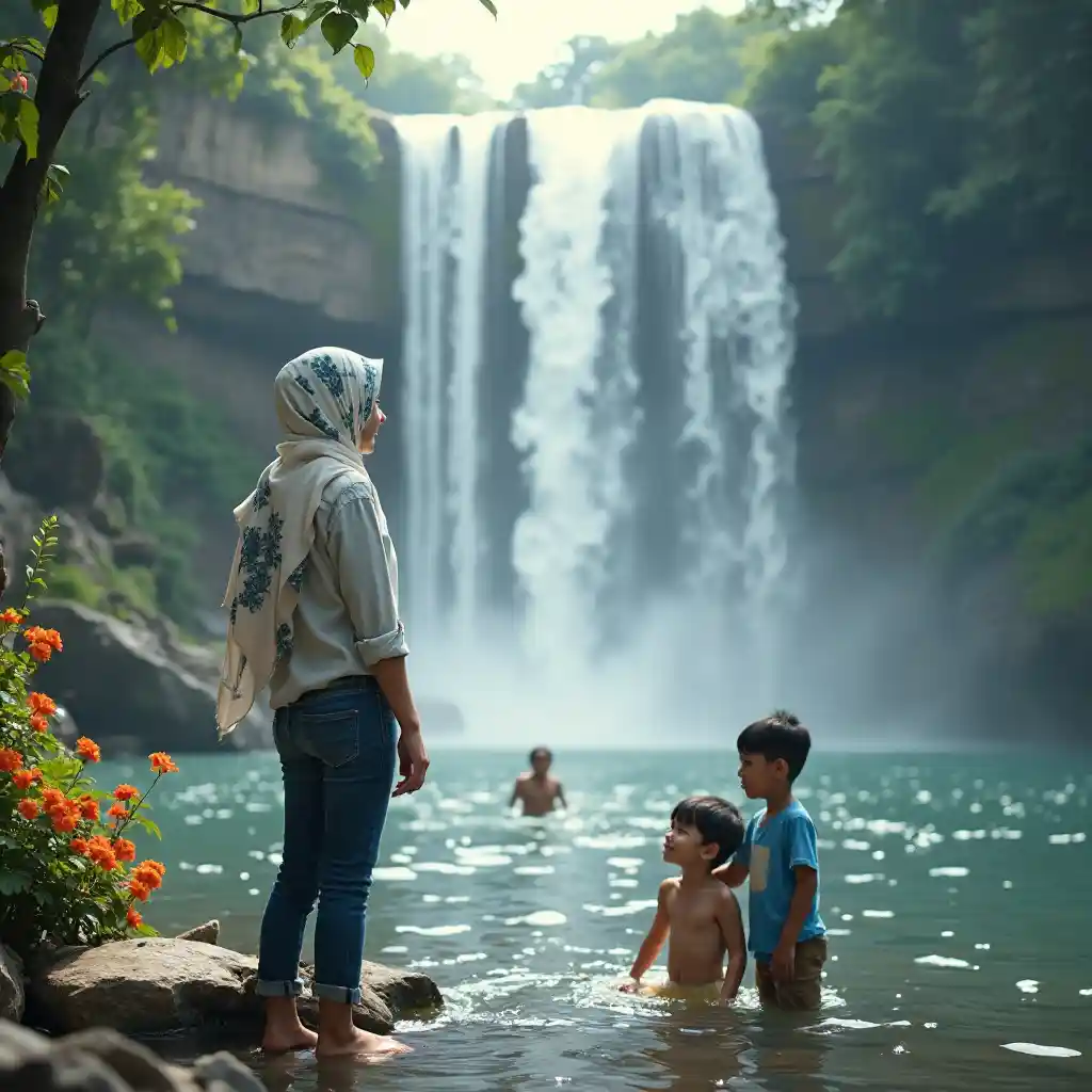 A Beautiful Muslim Woman at a Stunning Waterfall