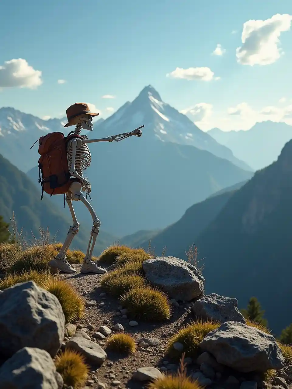 Hiking Adventures: Skeleton's Journey Across Mountain Trails