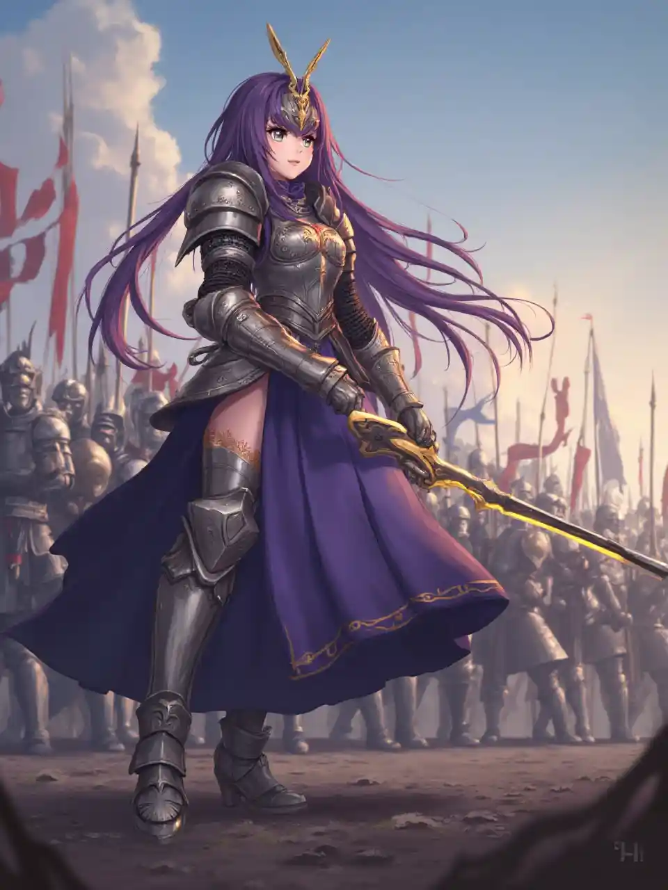 The Enchanted Knight with Purple Hair and Armor