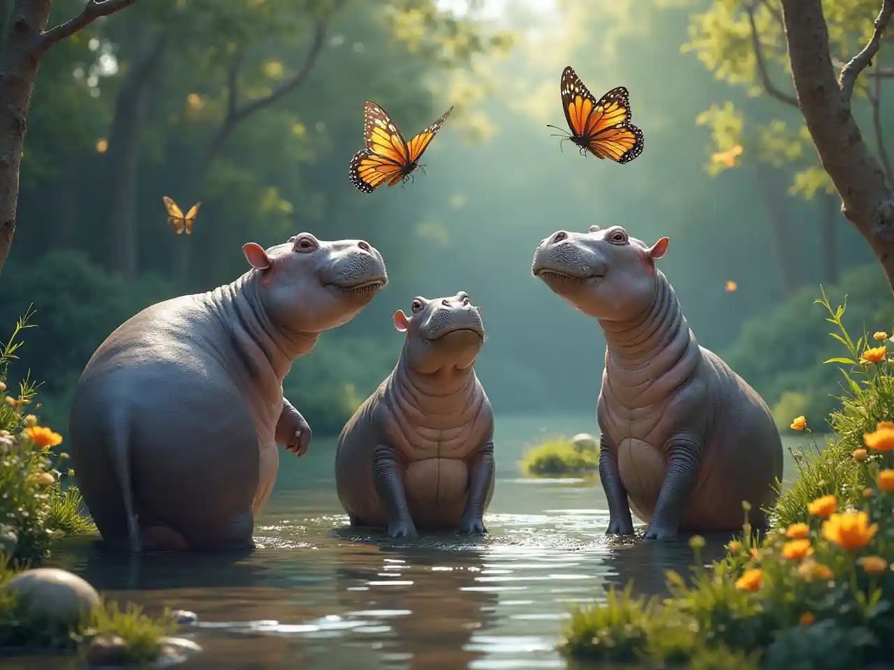 Three Hippos in a Stream Surrounded by Butterflies