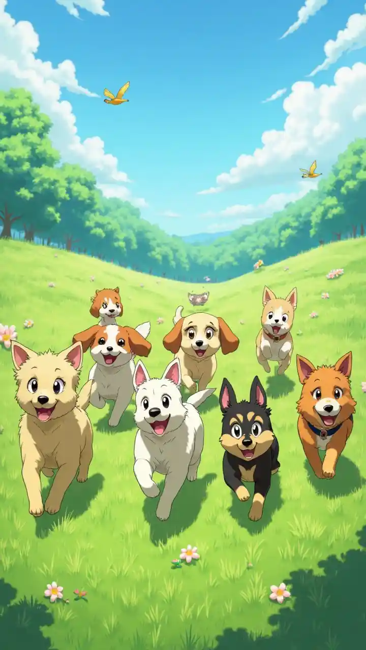 Joyful Dogs Playing in a Sunny Ghibli Landscape