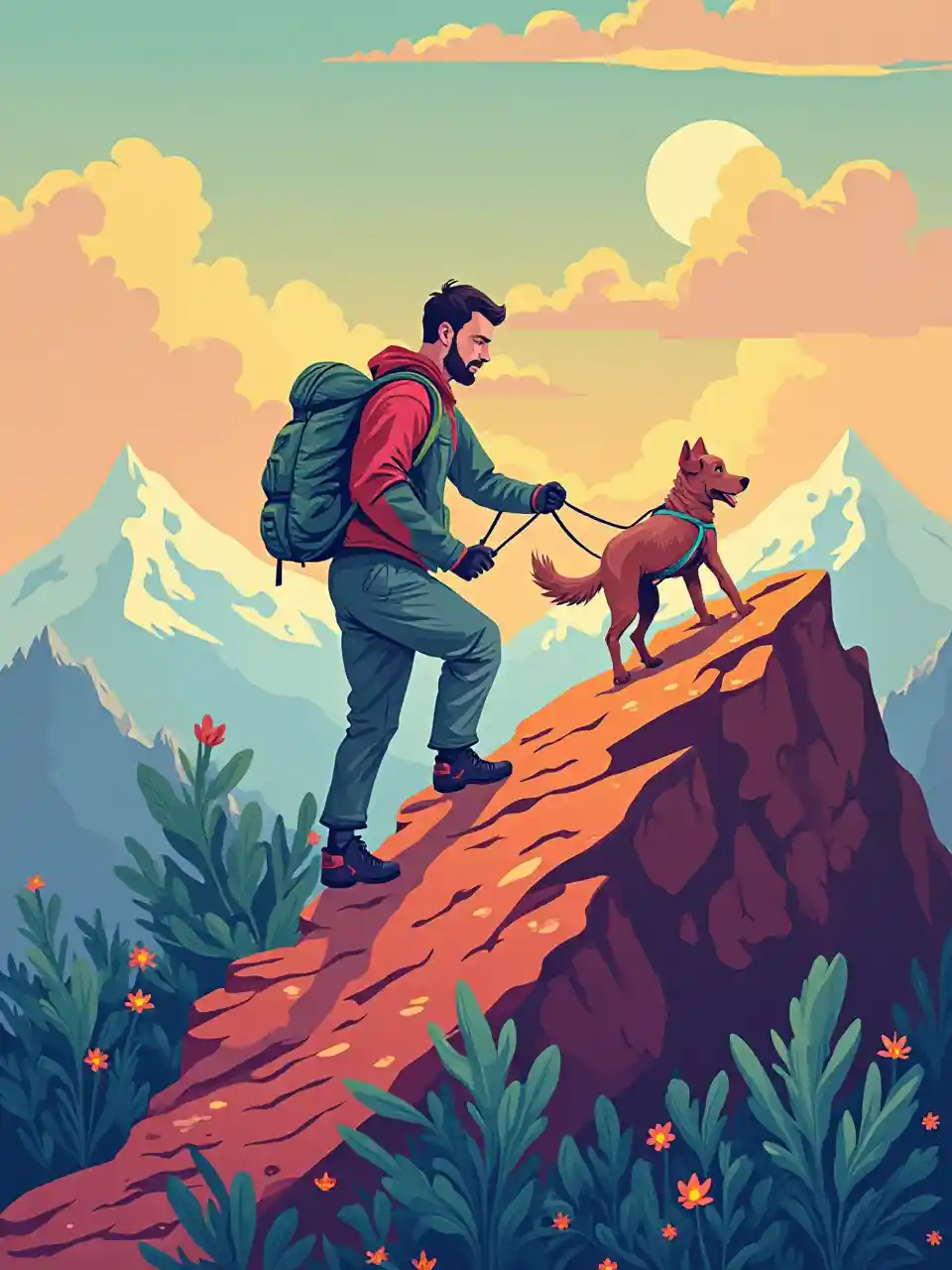 Dynamic and Playful Mountain Climbing Illustration with Dog