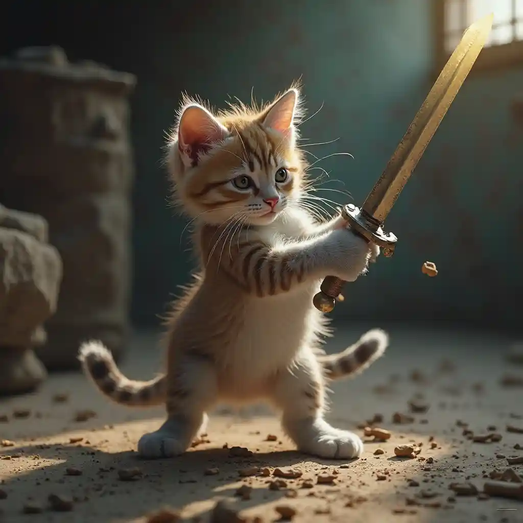 The Playful Kitten Swings a Sword with Joy