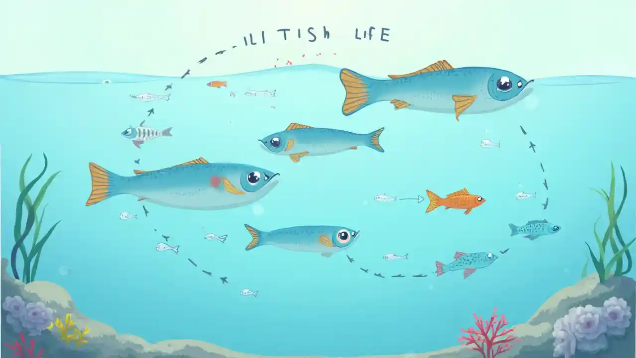 Ilustrasi 2D Pendidikan Siklus Hidup Ikan dengan Visual yang Jelas