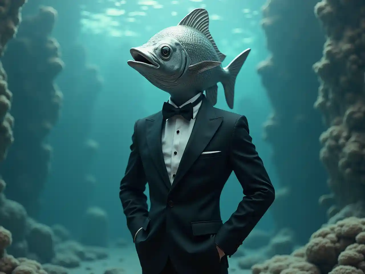 A Humanoid Fish in Tuxedo Underwater Elegance