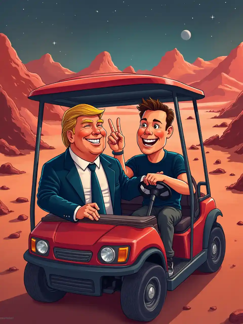 Cheerful Encounter of Trump and Musk on Mars Golf Cart