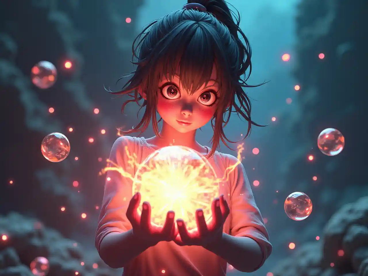 Hyper-Realistic 3D Anime Girl with Energy Orb and Crystal