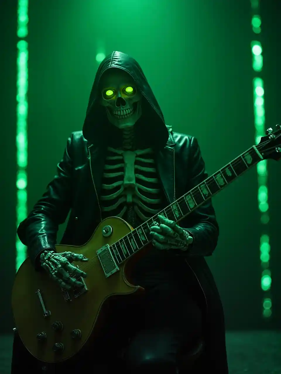 The Matrix Skeleton with Glowing Green Eyes Playing Guitar