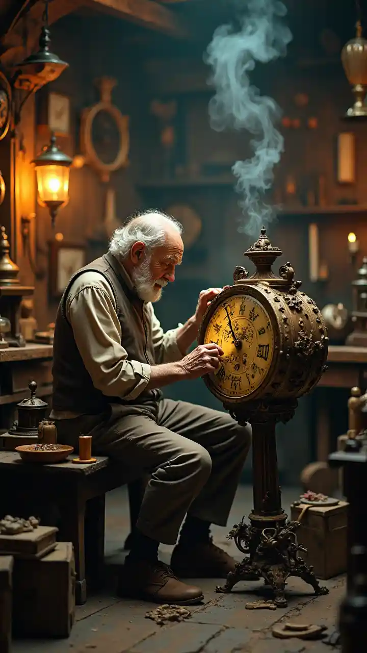 Intricate Clock Repair in a Nostalgic Steampunk Workshop
