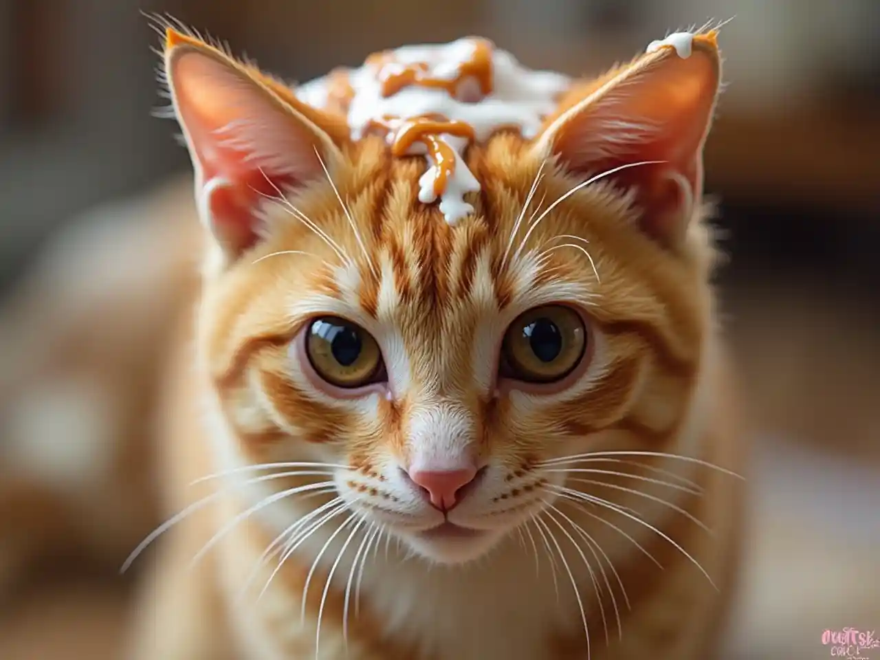 The Delightful Cinnamon Roll Cat with Icing and Dark Eyes