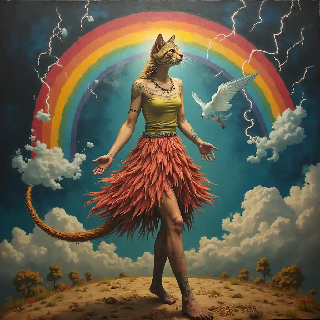 A Surreal Vision of a Cat Goddess in a Rainbow Storm
