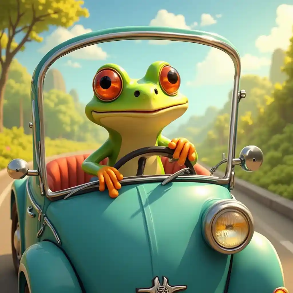 Playful Frog Driving a Classic Peugeot Car on a Sunny Day