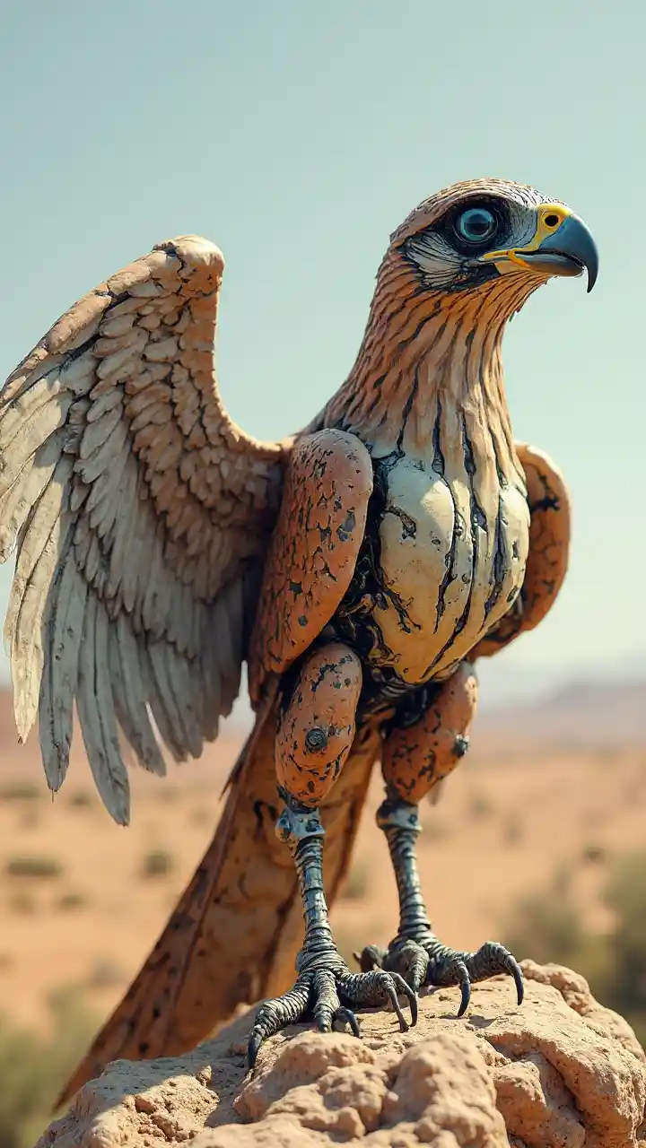 Detailed Electronic Falcon with Open Wings Displaying Internal Components