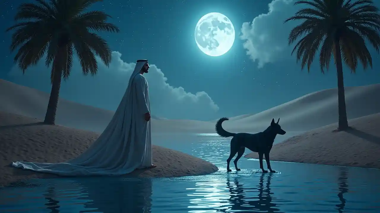 Enchanting Desert Oasis with Jinn and Canaan Dog
