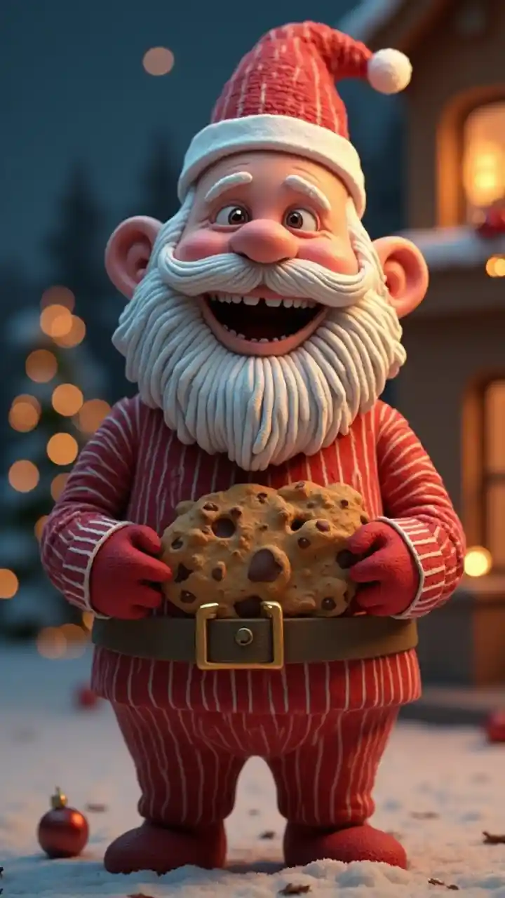 Laughing Santa in Striped Pajamas with Christmas Lights