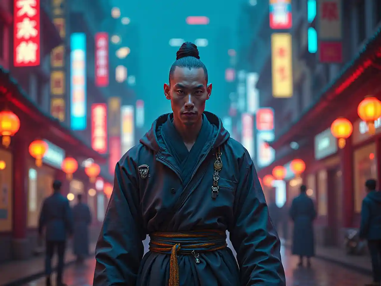 A Futuristic Monk Navigates Neon-Lit Streets of Ancient City
