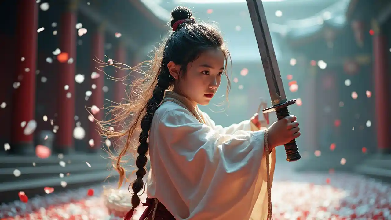 A Beautiful Chinese Girl Wielding a Sword in a Magical Landscape