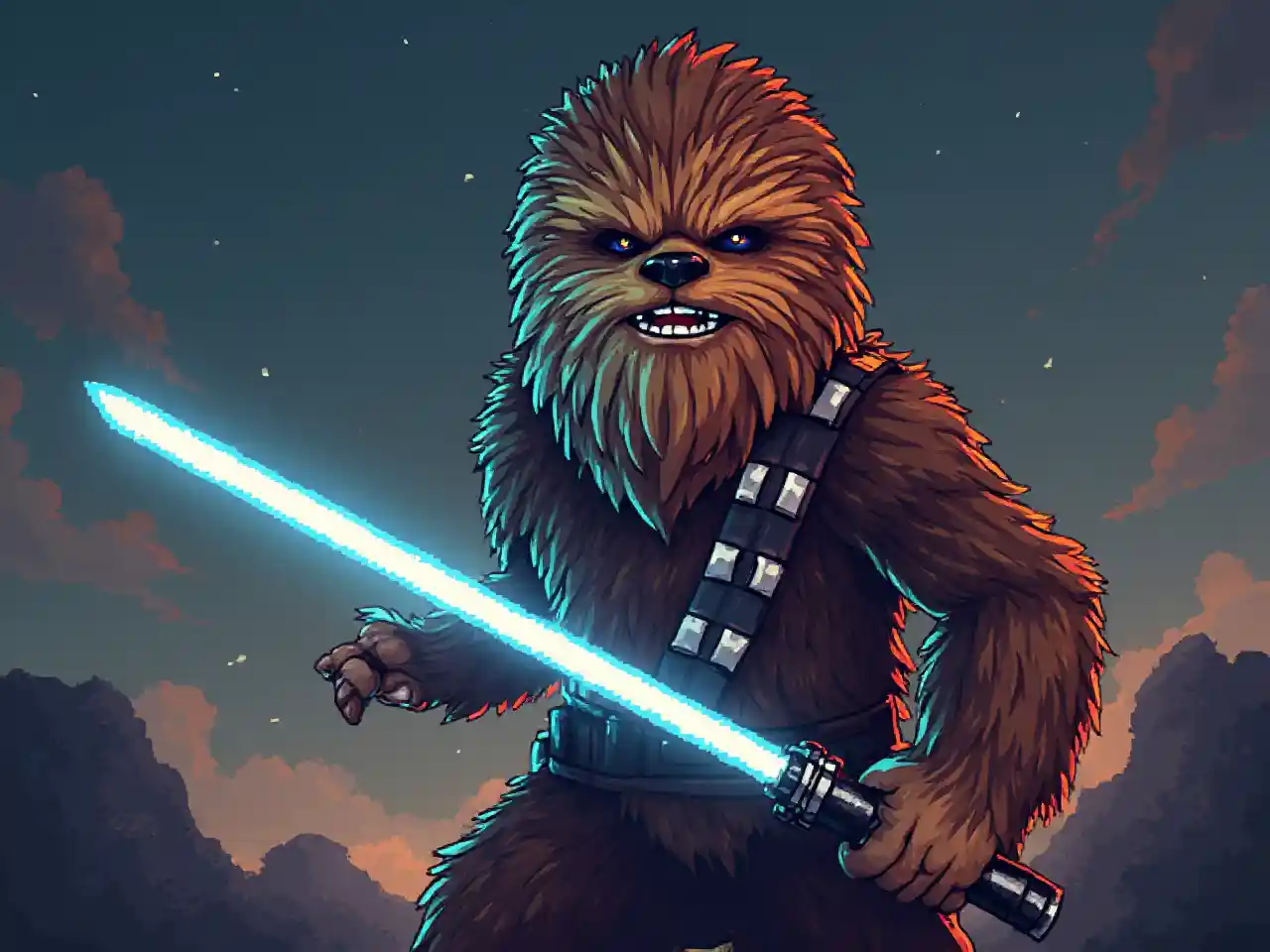 High-Quality Pixel Art of Chewbacca in Dynamic Pose