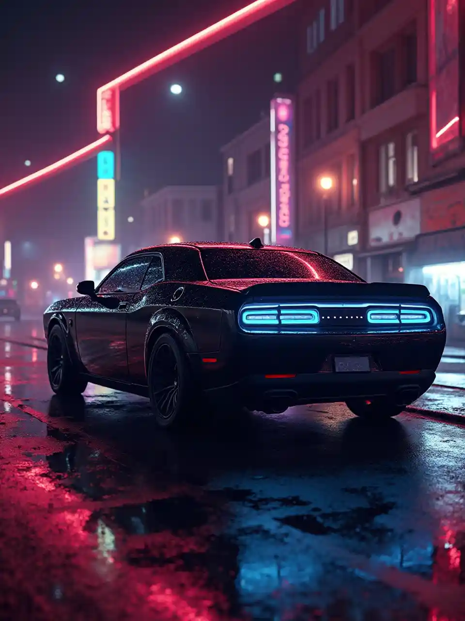 Black Dodge Challenger in Cyberpunk Aesthetic with Neon Lights