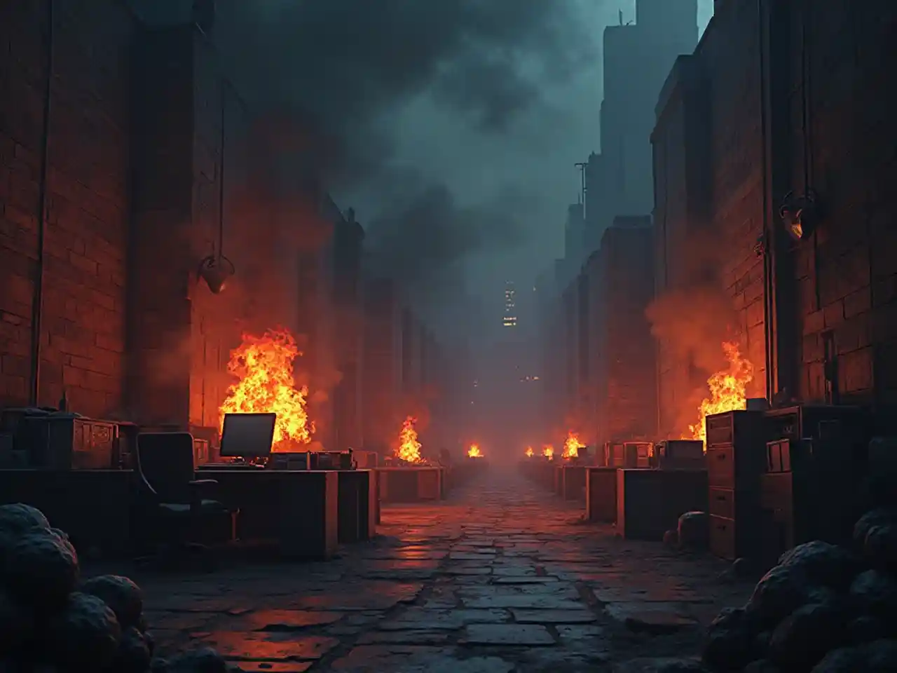 An Office Cubicle Landscape on Fire in Gritty Art Style