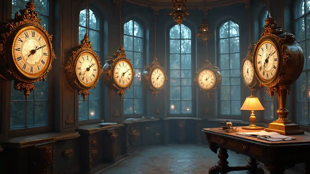 A Captivating Room Adorned with Intricate Clocks and Dazzling Light