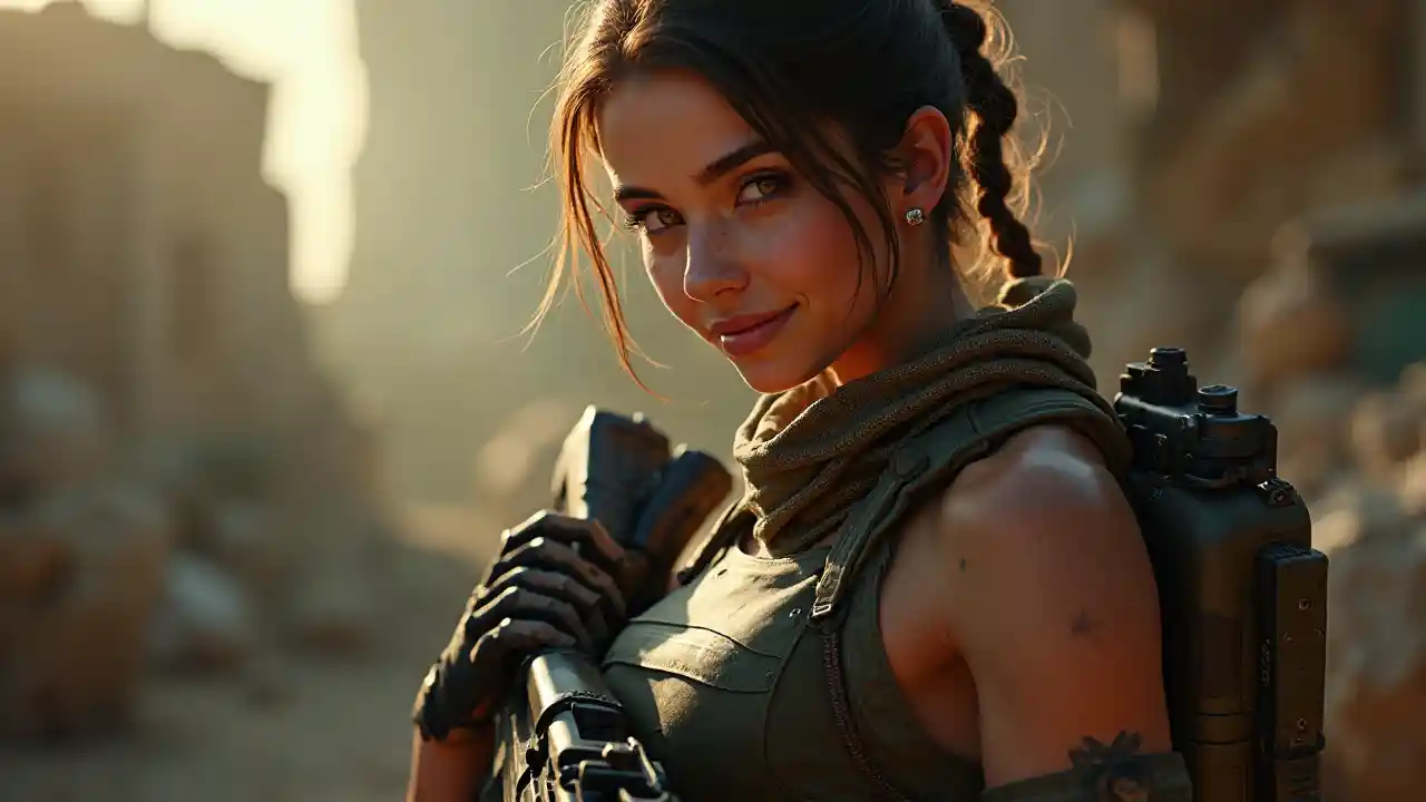 Stunning Portrait of a Battle-Ready Mercenary Girl in Military Setting