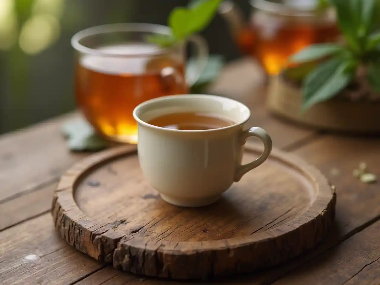 A Simple Tea Cup on a Wooden Board Background