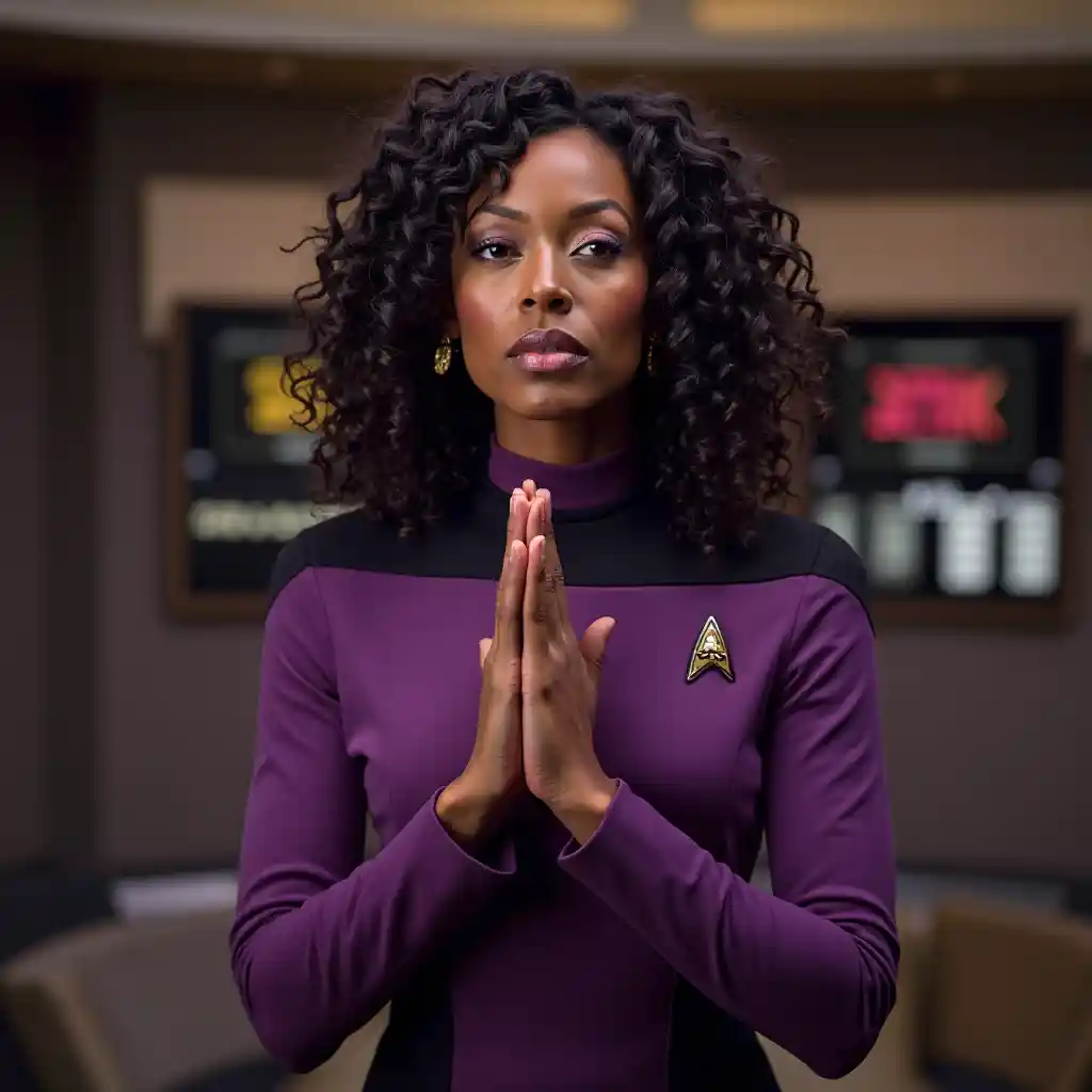 Dianna Troi's Prayerful Moment in Purple Jumpsuit