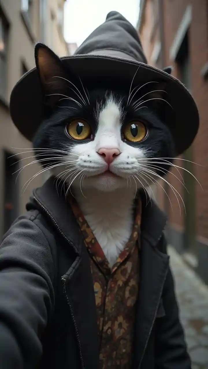 A Unique Selfie of a Stylish Dotted Cat