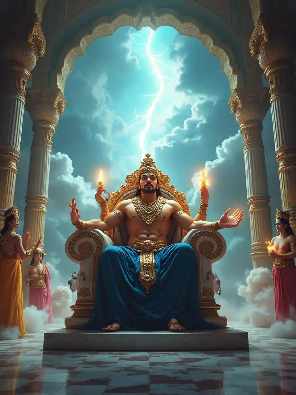 Majestic Indra in His Celestial Palace Among Swirling Clouds